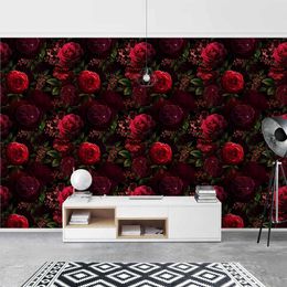 Bilderwelten Mustertapete Blumen Vintage Wandtapete rot - Rote Rosen vor Schwarz - Rose Wohnzimmer Schlafzimmer