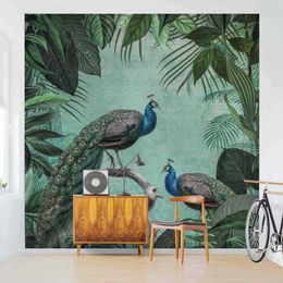 Bilderwelten Fototapete Tiere Vintage Wandtapete t&uuml;rkis - Shabby Chic Collage - Edler Pfau - Pflanzen Wohnzimmer Schlafzimmer