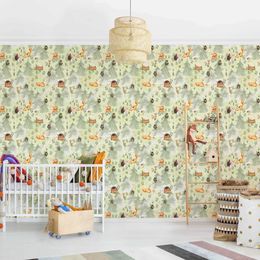 Bilderwelten Fototapete Wald Illustration Aquarell gr&uuml;n - Fuchs und Eule mit B&auml;umen - B&auml;ume Kinderzimmer Baby M&auml;dchen Jungen