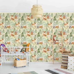 Bilderwelten Fototapete Wald Illustration Aquarell gr&uuml;n - Igel und Fuchs mit B&auml;umen Gr&uuml;n - B&auml;ume Kinderzimmer Baby M&auml;dchen Jungen