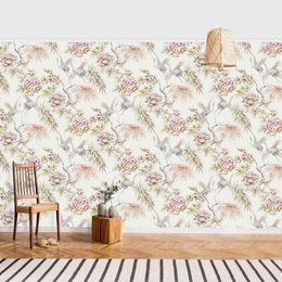 Bilderwelten Fototapete Tiere Tropisch Aquarell rosa - Aquarell V&ouml;gel mit gro&szlig;en Bl&uuml;ten - V&ouml;gel Wohnzimmer Schlafzimmer