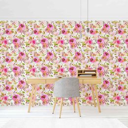 Bilderwelten Mustertapete Blumen Illustration Aquarell pink - Pinke Aquarell Blumen - Rose Wohnzimmer Schlafzimmer