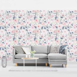 Bilderwelten Mustertapete Kulinarisch Illustration Aquarell rosa - Rosa Rosen mit Blaubeeren vor Wei&szlig; - Rose Wohnzimmer Schlafzimmer