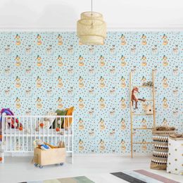 Bilderwelten Fototapete Wald Illustration Aquarell blau - Fuchs und Reh mit Pilzen - B&auml;ume Kinderzimmer Baby M&auml;dchen Jungen