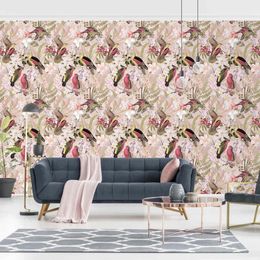 Bilderwelten Mustertapete Tiere Tropisch Wandtapete rosa - Rosa Pastell V&ouml;gel mit Blumen - V&ouml;gel Wohnzimmer Schlafzimmer