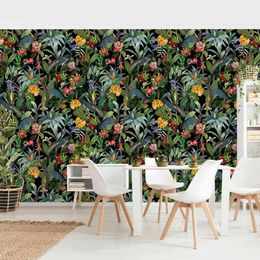Bilderwelten Mustertapete Tiere Tropisch Wandtapete bunt - V&ouml;gel mit Tropischen Blumen - V&ouml;gel Wohnzimmer Schlafzimmer