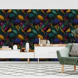 Bilderwelten Mustertapete Vliestapete Tropisch Wandtapete bunt - Gelbe Bl&uuml;ten mit Blauen Blumen vor T&uuml;rkis - Rose Wohnzimmer Schlafzimmer