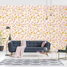 Bilderwelten Mustertapete Vliestapete Tropisch Aquarell rosa - Gelbe Bl&auml;tter mit Aquarell Blumen vor Rosa - Deko Wohnzimmer Schlafzimmer