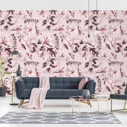 Bilderwelten Mustertapete Blumen Tropisch Aquarell rosa - Bl&uuml;ten mit Grauen Bl&auml;ttern vor Rosa - Rose Wohnzimmer Schlafzimmer