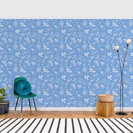 Bilderwelten Fototapete Tiere Vintage Wandtapete blau - Blaumeisen vor Blau - Retro Wohnzimmer Schlafzimmer