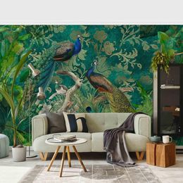 Bilderwelten Fototapete Tiere Vintage Wandtapete gr&uuml;n - Shabby Chic Collage - Edler Pfau II - Pflanzen Wohnzimmer Schlafzimmer