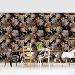 Bilderwelten Mustertapete Blumen Vintage Wandtapete beige - Rote Rosen mit Wei&szlig;en Rosen - Rose Wohnzimmer Schlafzimmer