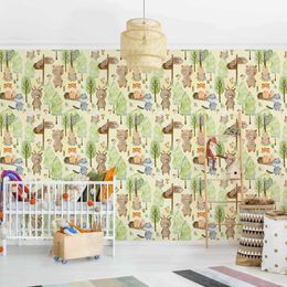 Bilderwelten Fototapete Tiere Illustration Aquarell gr&uuml;n - Fuchs Wald-Abenteuer Illustration - Deko Kinderzimmer Baby M&auml;dchen Jungen