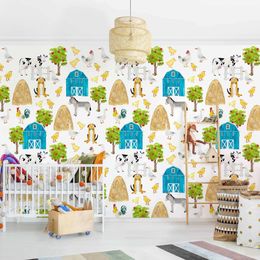 Bilderwelten Fototapete Tiere Illustration Aquarell bunt - Aquarellierte Bauernhof Illustration - Bauernhof Kinderzimmer Baby M&auml;dchen Jungen