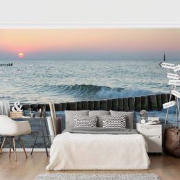 Bilderwelten Fototapete Strand Motiv Wandtapete blau - Sonnenuntergang am Meer - Sonnenuntergang Wohnzimmer Schlafzimmer