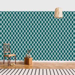 Bilderwelten Fototapete Vliestapete Vintage Wandtapete t&uuml;rkis - Dunkles Retro Muster mit gl&auml;nzenden Wellen in smaragd - Geometrisch Wohnzimmer Schlafzimmer