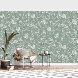 Bilderwelten Fototapete Vliestapete Vintage Wandtapete gr&uuml;n - Blumenranken auf Gr&uuml;n - Pflanzen Wohnzimmer Schlafzimmer