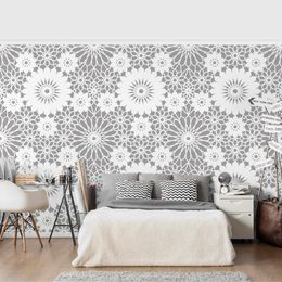 Bilderwelten Fototapete Blumen Orientalisch Wandtapete grau - Blumenmandala in Hellgrau - Geometrisch Wohnzimmer Schlafzimmer