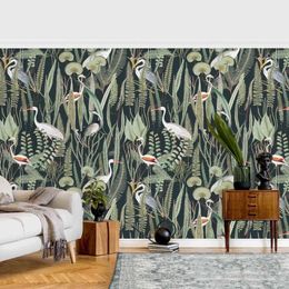 Bilderwelten Fototapete Tiere Tropisch Aquarell gr&uuml;n - Flamingos und St&ouml;rche mit Pflanzen auf Gr&uuml;n - Pflanzen Wohnzimmer Schlafzimmer