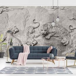 Bilderwelten Fototapete Tiere Orientalisch 3D-Effekt grau - Chinoiserie Tiger in Steinoptik - Beton Wohnzimmer Schlafzimmer