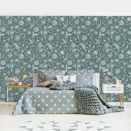 Bilderwelten Fototapete Vliestapete Vintage Wandtapete blau - Blumentanz auf Blaugrau - Pflanzen Wohnzimmer Schlafzimmer