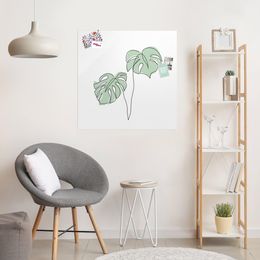 Bilderwelten Glasbild originell Line Art gr&uuml;n Glas Wandbild - Bl&auml;tter Monstera Line Art - Pflanzen Wohnzimmer Schlafzimmer