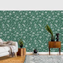 Bilderwelten Fototapete Vliestapete Vintage Wandtapete gr&uuml;n - Blumentanz auf Gr&uuml;n - Pflanzen Wohnzimmer Schlafzimmer