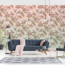 Bilderwelten Mustertapete Tiere Tropisch Aquarell rosa - Aquarell V&ouml;gel mit gro&szlig;en Bl&uuml;ten in Ombre - V&ouml;gel Wohnzimmer Schlafzimmer