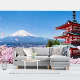 Bilderwelten Fototapete Blumen Motiv Wandtapete blau - Chureito Pagode und Fuji - Kirschbl&uuml;te Wohnzimmer Schlafzimmer