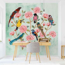 Bilderwelten Fototapete Blumen Vintage Wandtapete rosa - Chinoiserie Collage in Mint - Retro Wohnzimmer Schlafzimmer