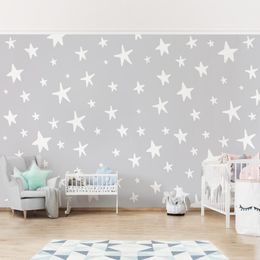 Bilderwelten Mustertapete Himmel Illustration Wandtapete grau - Gezeichnete gro&szlig;e Sterne im Grauen Himmel - Himmel Kinderzimmer Baby M&auml;dchen Jungen