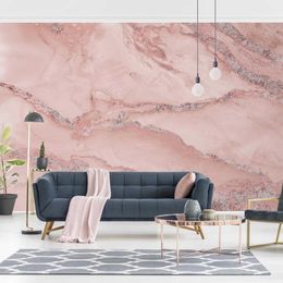 Bilderwelten Fototapete originell Abstrakt Steinoptik rosa - Farbexperimente Marmor Rose und Glitzer - Beton Wohnzimmer Schlafzimmer