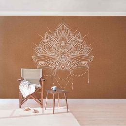 Bilderwelten Fototapete Spirituell Orientalisch Wandtapete braun - Boho Lotusbl&uuml;te wei&szlig; Korkoptik - Meditation Wohnzimmer Schlafzimmer
