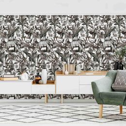Bilderwelten Mustertapete Tiere Orientalisch Wandtapete grau - Elefanten Giraffen Zebras und Tiger Schwarz-Wei&szlig; mit Braunton - Elefant Wohnzimmer Schlafzimmer