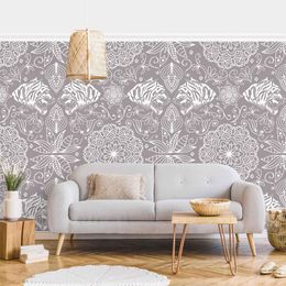 Bilderwelten Fototapete Tiere Vintage Wandtapete grau - Boho Tiger Muster mit Mandala in Warmgrau - Retro Wohnzimmer Schlafzimmer