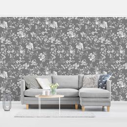 Bilderwelten Fototapete Vliestapete Vintage Wandtapete grau - Blumenranken auf Grau - Pflanzen Wohnzimmer Schlafzimmer