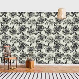 Bilderwelten Fototapete Blumen Vintage Wandtapete grau - Bl&uuml;tennetz mit Rosen - Rose Wohnzimmer Schlafzimmer