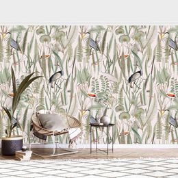 Bilderwelten Fototapete Tiere Tropisch Aquarell gr&uuml;n - Flamingos und St&ouml;rche mit Pflanzen - Pflanzen Wohnzimmer Schlafzimmer