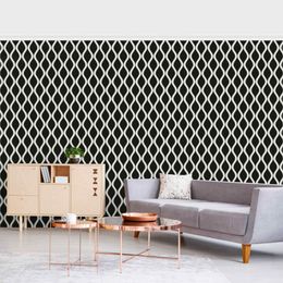 Bilderwelten Fototapete Vliestapete Vintage Wandtapete schwarz weiss - Dunkles Retro Muster mit gl&auml;nzenden Wellen - Geometrisch Wohnzimmer Schlafzimmer