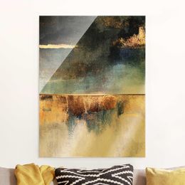 Bilderwelten Glasbild originell Abstrakt gold Aquarell - Abstraktes Seeufer in Gold - Deko Wohnzimmer Schlafzimmer