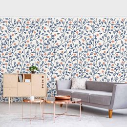 Bilderwelten Fototapete Vliestapete Tropisch Wandtapete blau - Blaues Pflanzen Muster mit Punkten in Rosa - Pflanzen Wohnzimmer Schlafzimmer