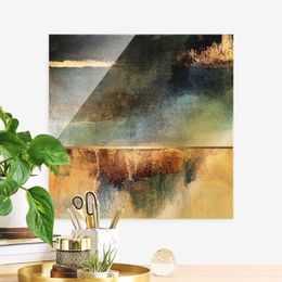 Bilderwelten Glasbild originell Abstrakt gold Aquarell - Abstraktes Seeufer in Gold - Deko Wohnzimmer Schlafzimmer