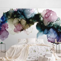 Bilderwelten Fototapete originell Abstrakt Aquarell blau - Blumenbogen mit Gold - Deko Wohnzimmer Schlafzimmer