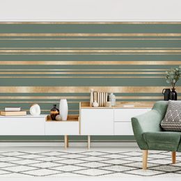 Bilderwelten Mustertapete Vliestapete modern Wandtapete gold - Goldene Streifen vor Gr&uuml;n - Streifen Wohnzimmer Schlafzimmer