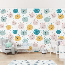Bilderwelten Mustertapete Vliestapete Illustration Wandtapete bunt - Freundliche Monstergesichter mit Punkten - Deko Kinderzimmer Baby M&auml;dchen Jungen