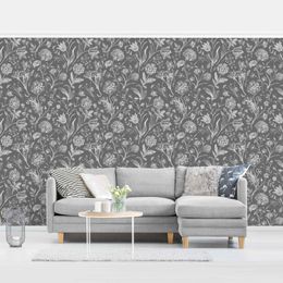 Bilderwelten Fototapete Vliestapete Vintage Wandtapete grau - Blumentanz auf Grau - Pflanzen Wohnzimmer Schlafzimmer