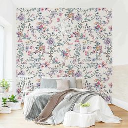 Bilderwelten Fototapete Vliestapete Vintage Wandtapete bunt - Blumenranken in Pastell - Pflanzen Wohnzimmer Schlafzimmer
