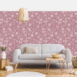 Bilderwelten Fototapete Vliestapete Vintage Wandtapete rosa - Blumentanz auf Altrosa - Pflanzen Wohnzimmer Schlafzimmer