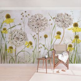 Bilderwelten Fototapete Blumen Vintage Wandtapete beige - Allium und Helenium Illustration - Blumenwiese Wohnzimmer Schlafzimmer