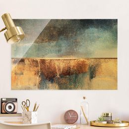 Bilderwelten Glasbild originell Abstrakt gold Aquarell - Abstraktes Seeufer in Gold - Deko Wohnzimmer Schlafzimmer